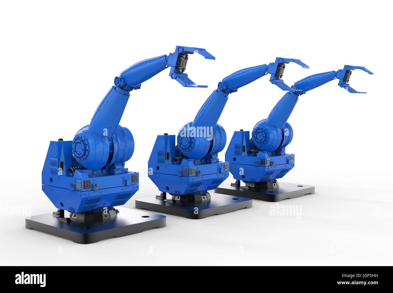 3d rendering blue robotic arms in a row on white background Stock Photo ...
