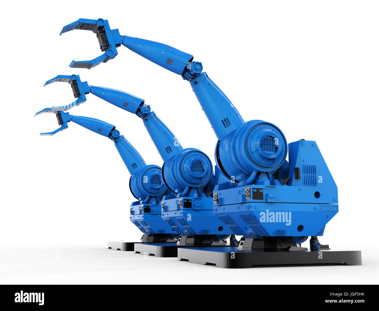 3d rendering blue robotic arms in a row on white background Stock Photo ...