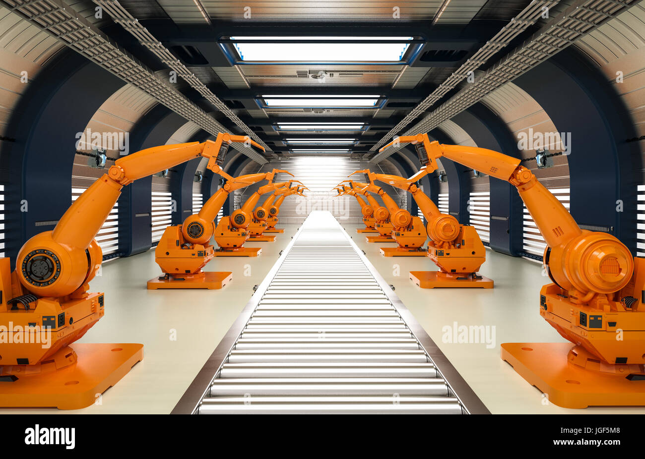 3d rendering robotic arms with conveyor line in factory Stock Photo - Alamy