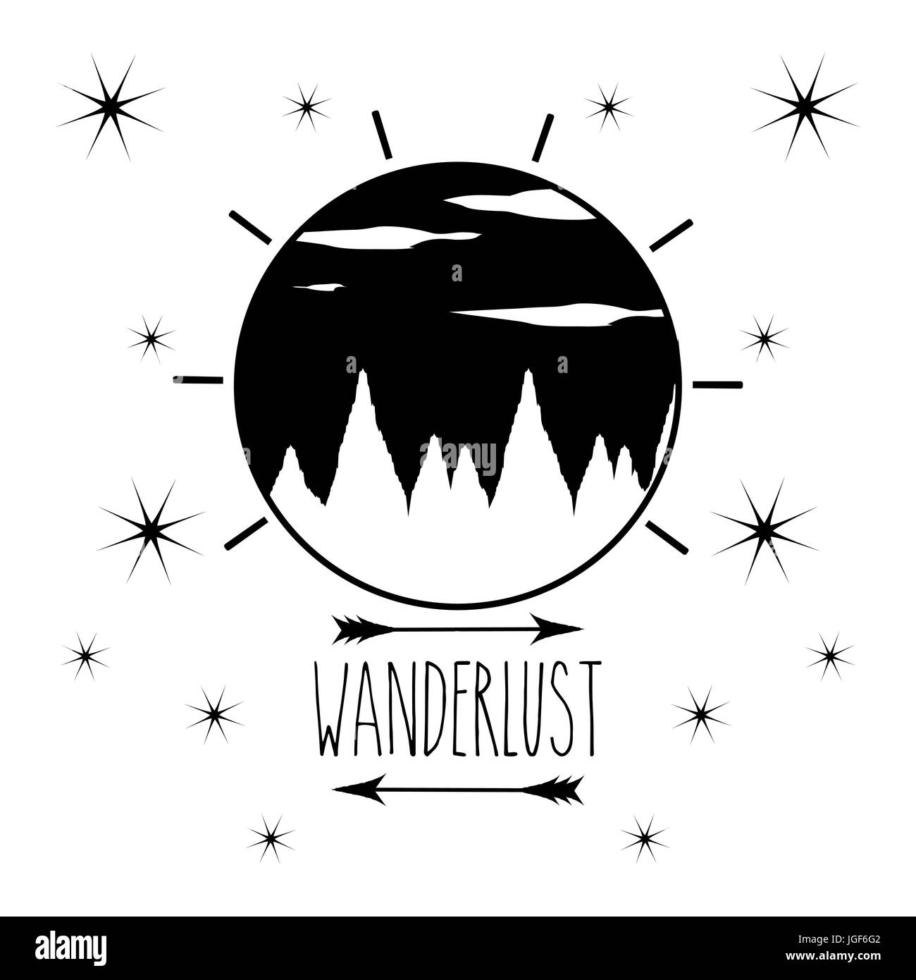wanderlust emblem with mountains and clouds vector illustration Stock ...