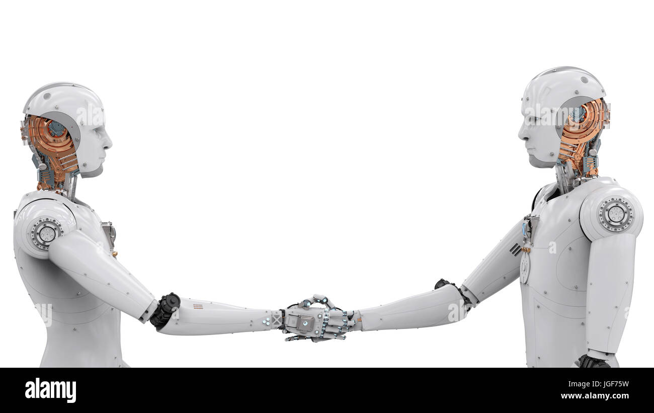 3d rendering android robot hand shaking on white background Stock Photo - Alamy