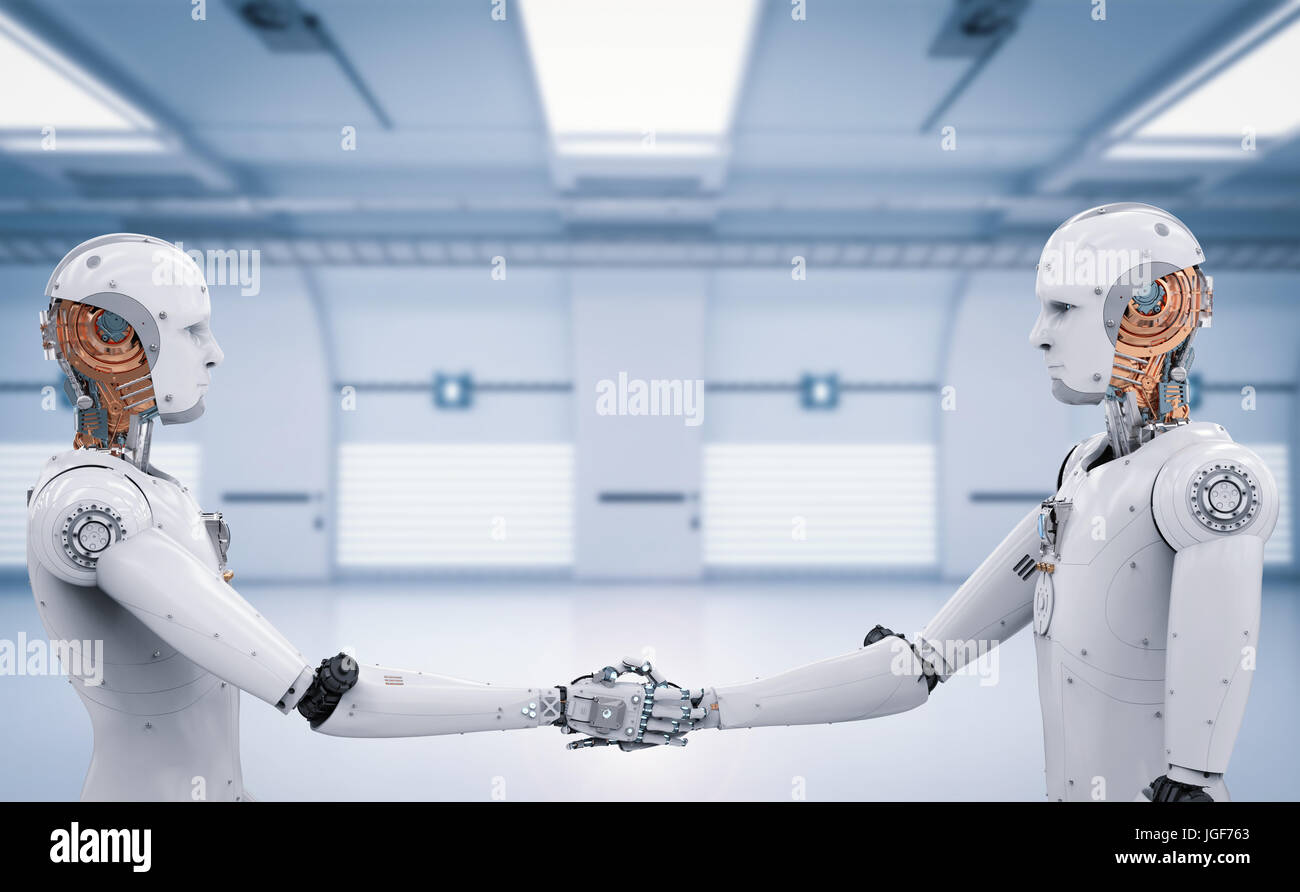 3d rendering android robot hand shaking with tunnel background Stock Photo - Alamy