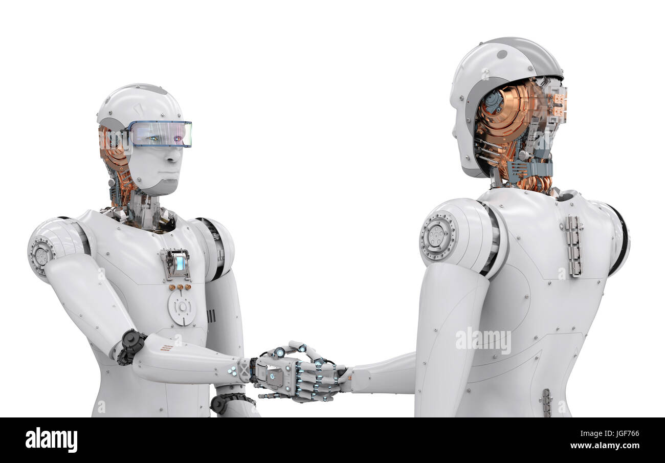 3d rendering android robot hand shaking on white background Stock Photo - Alamy