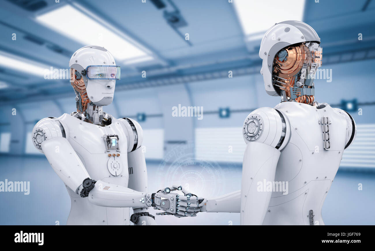 3d rendering android robot hand shaking with tunnel background Stock Photo - Alamy