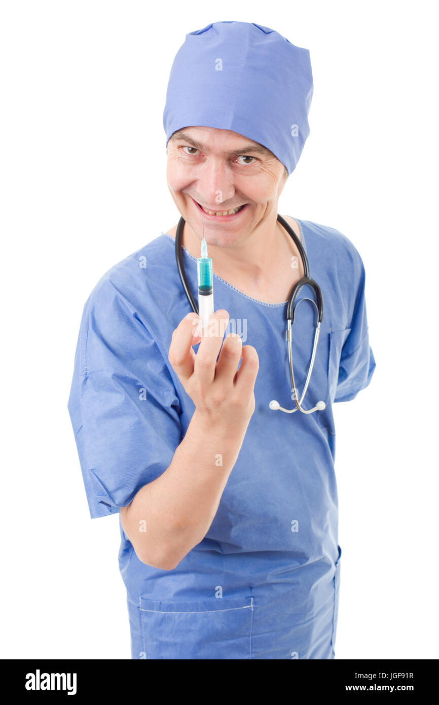 mad doctor with a syringe isolated over white background Stock Photo ...