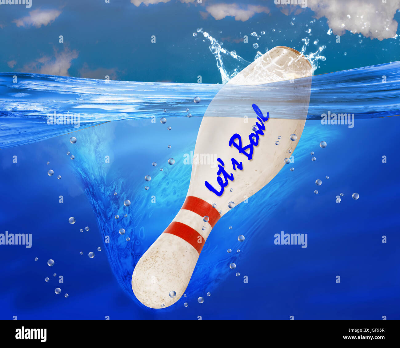 Lets bowl bowling pin splashing in blue ocean water Stock Photo - Alamy