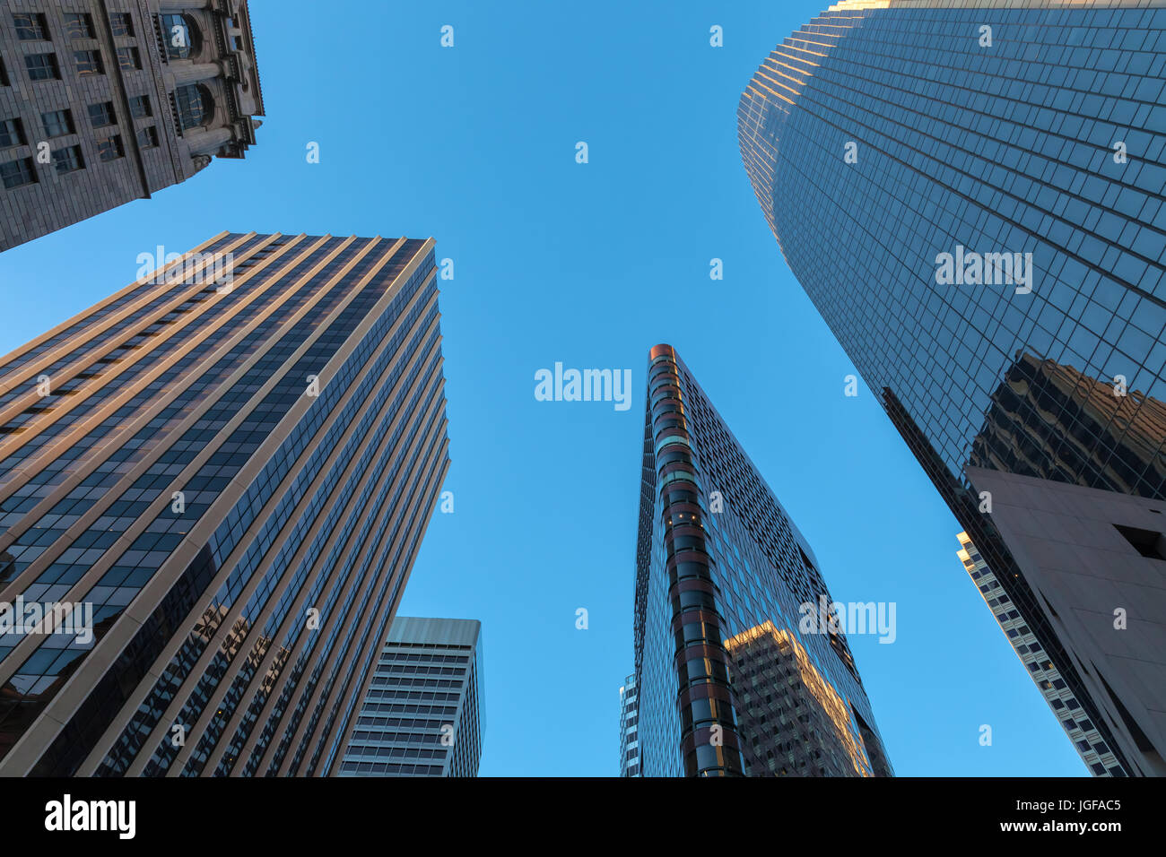 morning sunlight reflected on the high rise buildings in downtown San ...