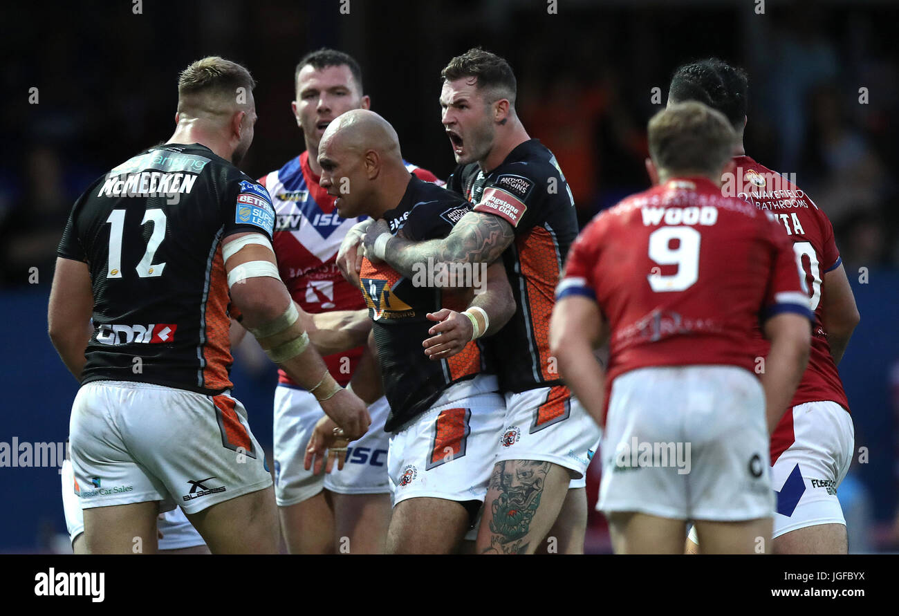 Castleford Tigers' Jake Webster (second left) celebrates scoring his ...