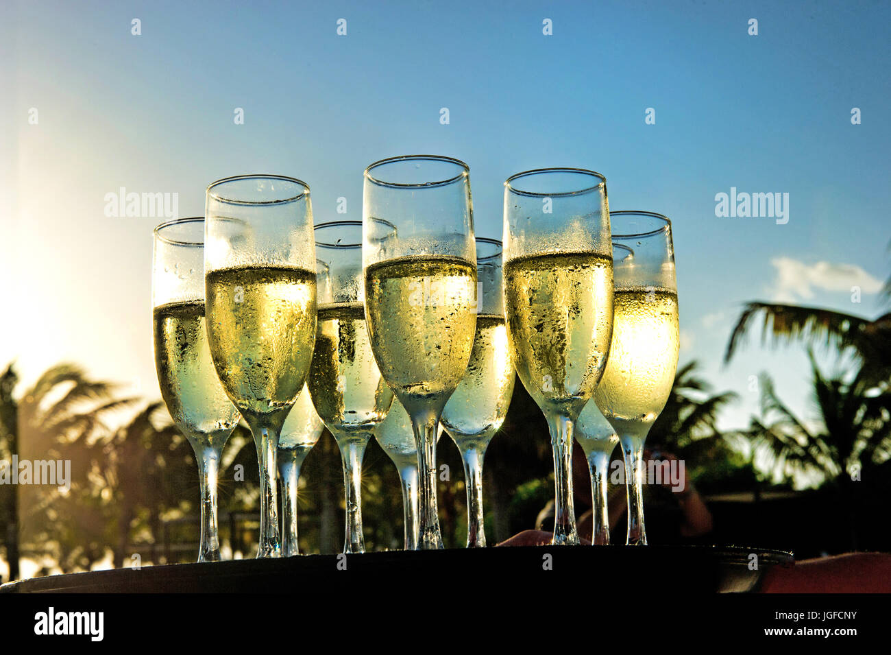 Champagne flutes on a tray Stock Photo - Alamy