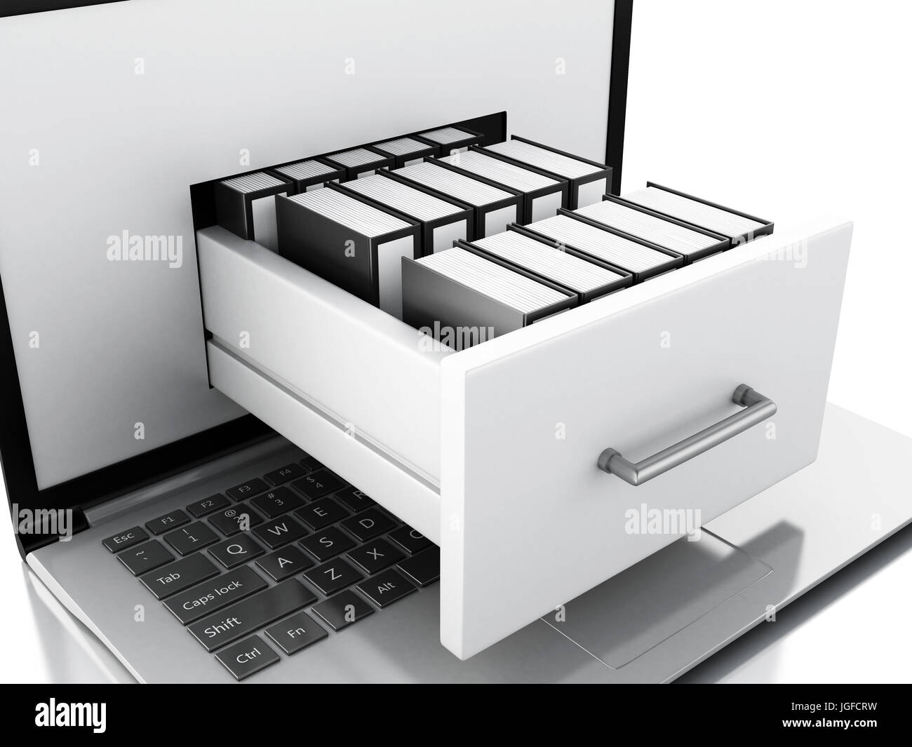3d renderer illustration. Laptop PC and files. Data storage concept ...