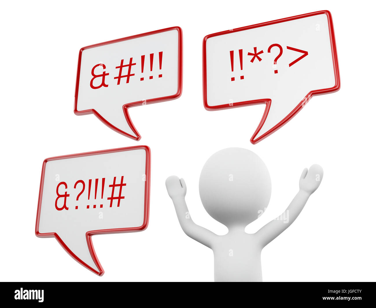 3d illustration. White person with empty speech bubbles. Debate concept ...