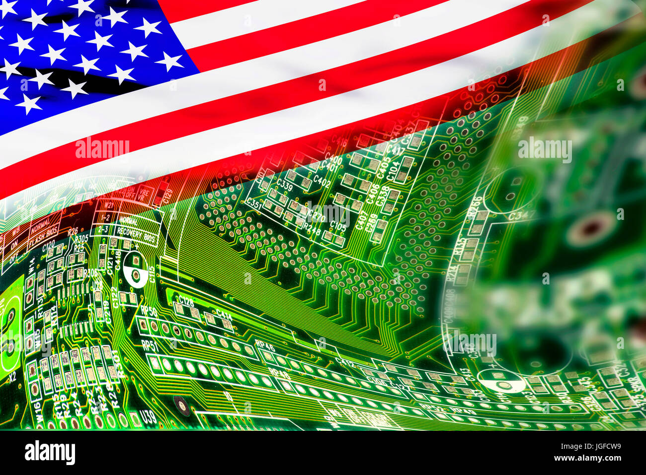 High tech background with American flag and circuit board Stock Photo ...