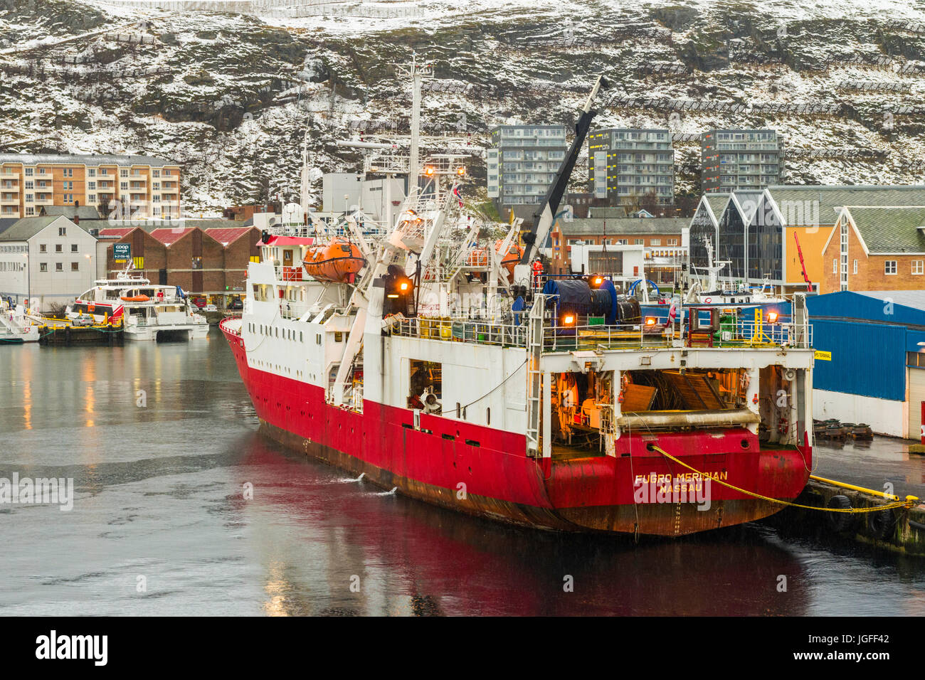 Research survey vessel Fugro Meridian moored at the port of Hammerfest ...