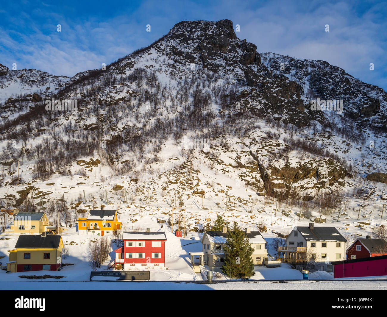 Landscape view of residential area of the village of Øksfjord, Finnmark ...