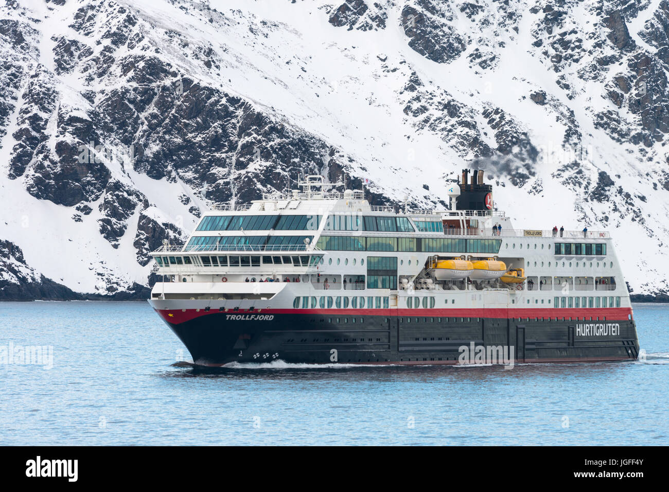 Hurtigruten Coastal Express cruise MS Trollfjord ship passes Havøya ...