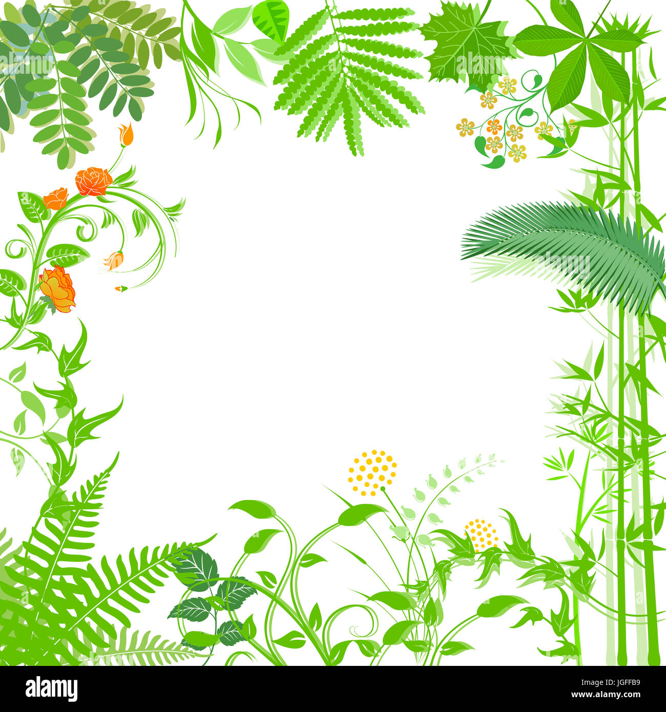 Background with green plants and flowers illustration Stock Photo - Alamy