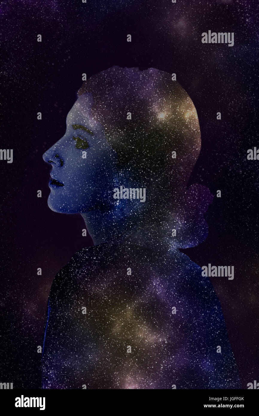 Double exposure of Caucasian woman and stars in outer space Stock Photo ...