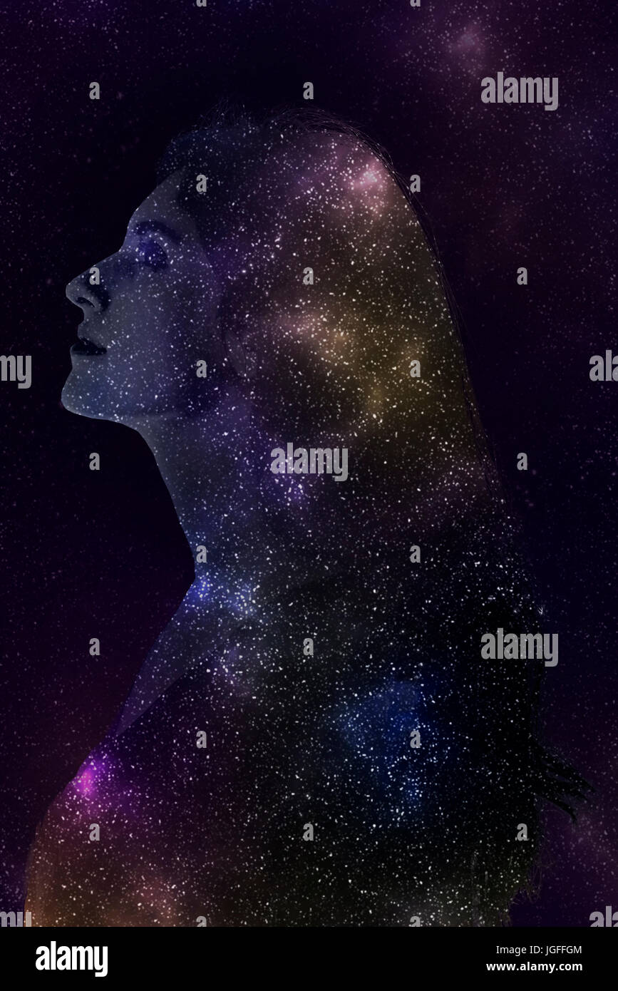 Double exposure of Caucasian woman and stars in outer space Stock Photo ...