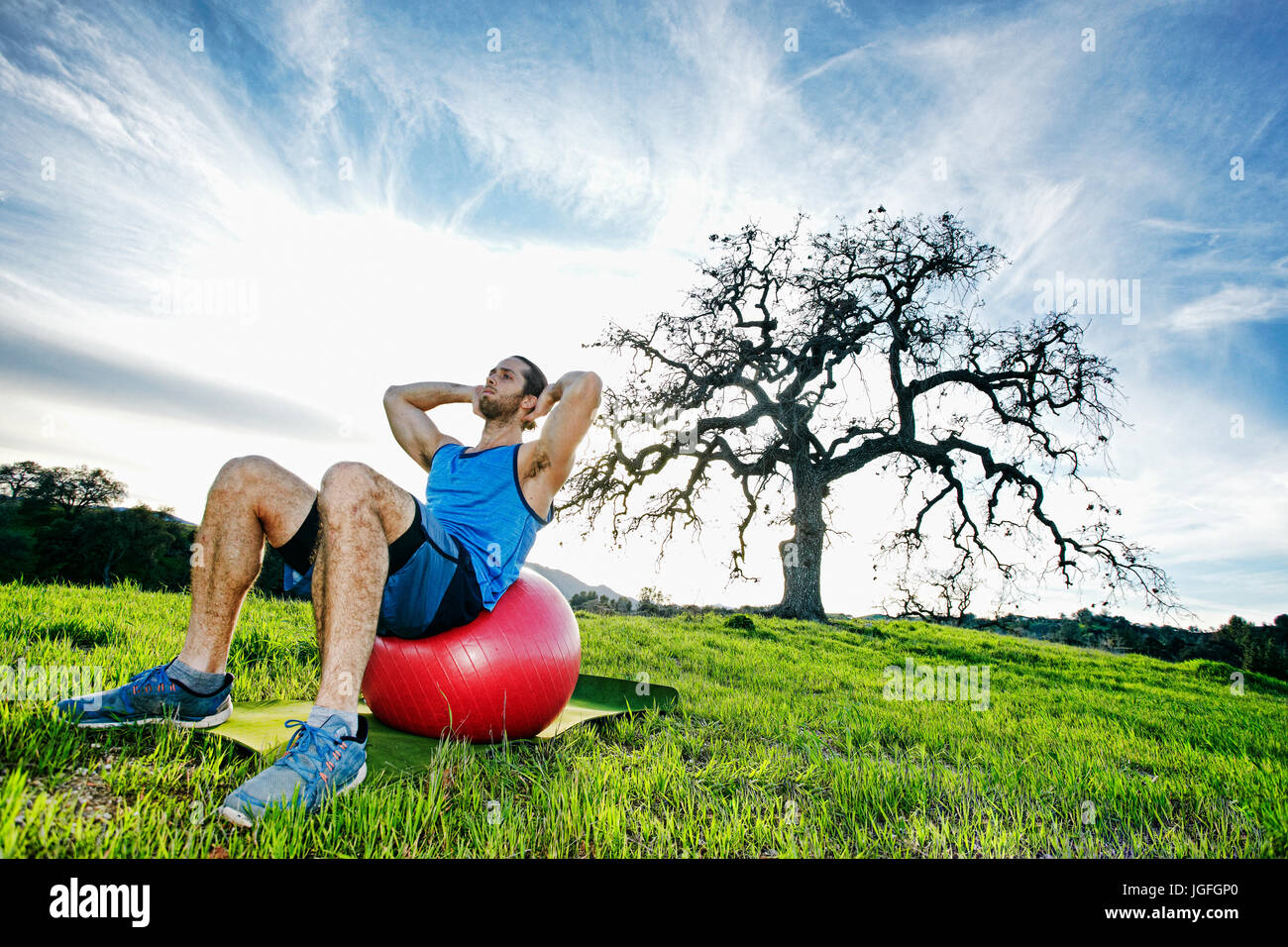 Caucasian man doing sit-ups on fitness ball in field near tree Stock ...