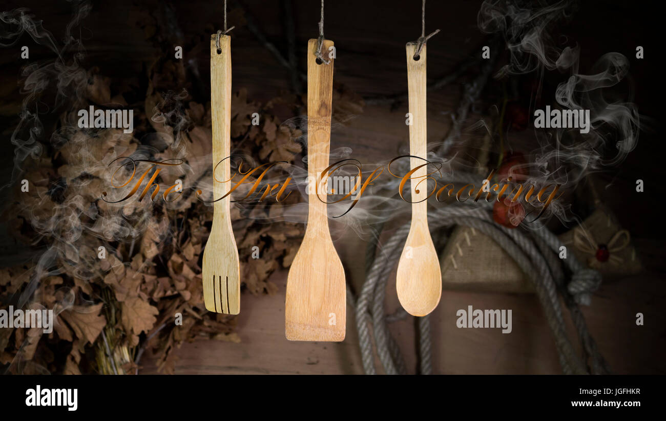 Kitchen Utensils Hanging On A Rope Against Rustic Wooden Background ...