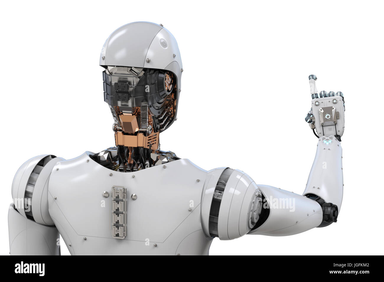 3d rendering rear view of robot with finger point on white background ...