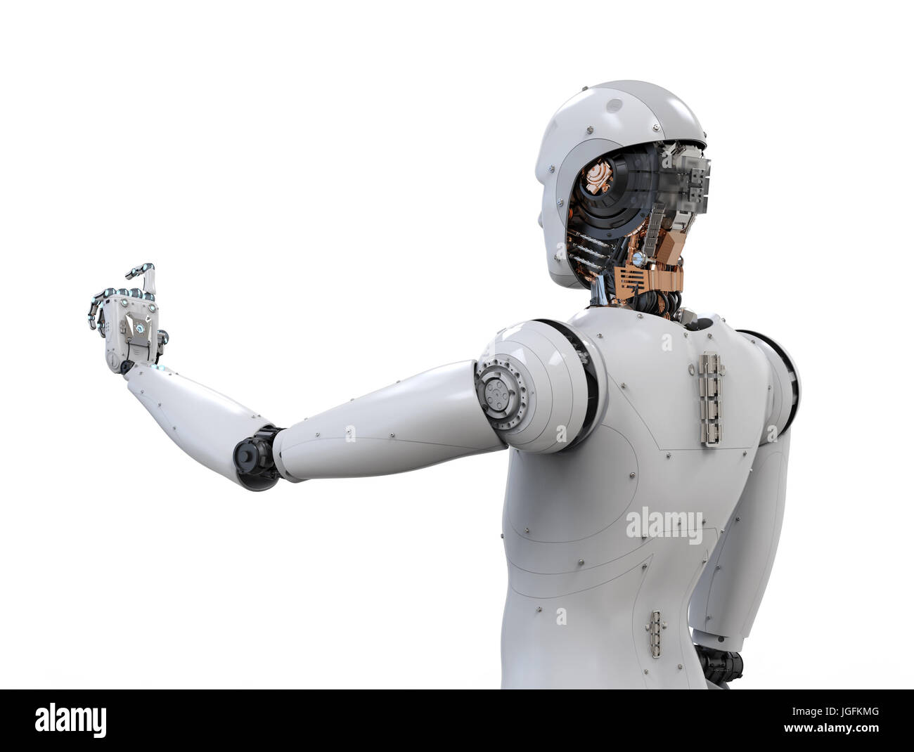 3d rendering rear view of robot with finger point on white background ...