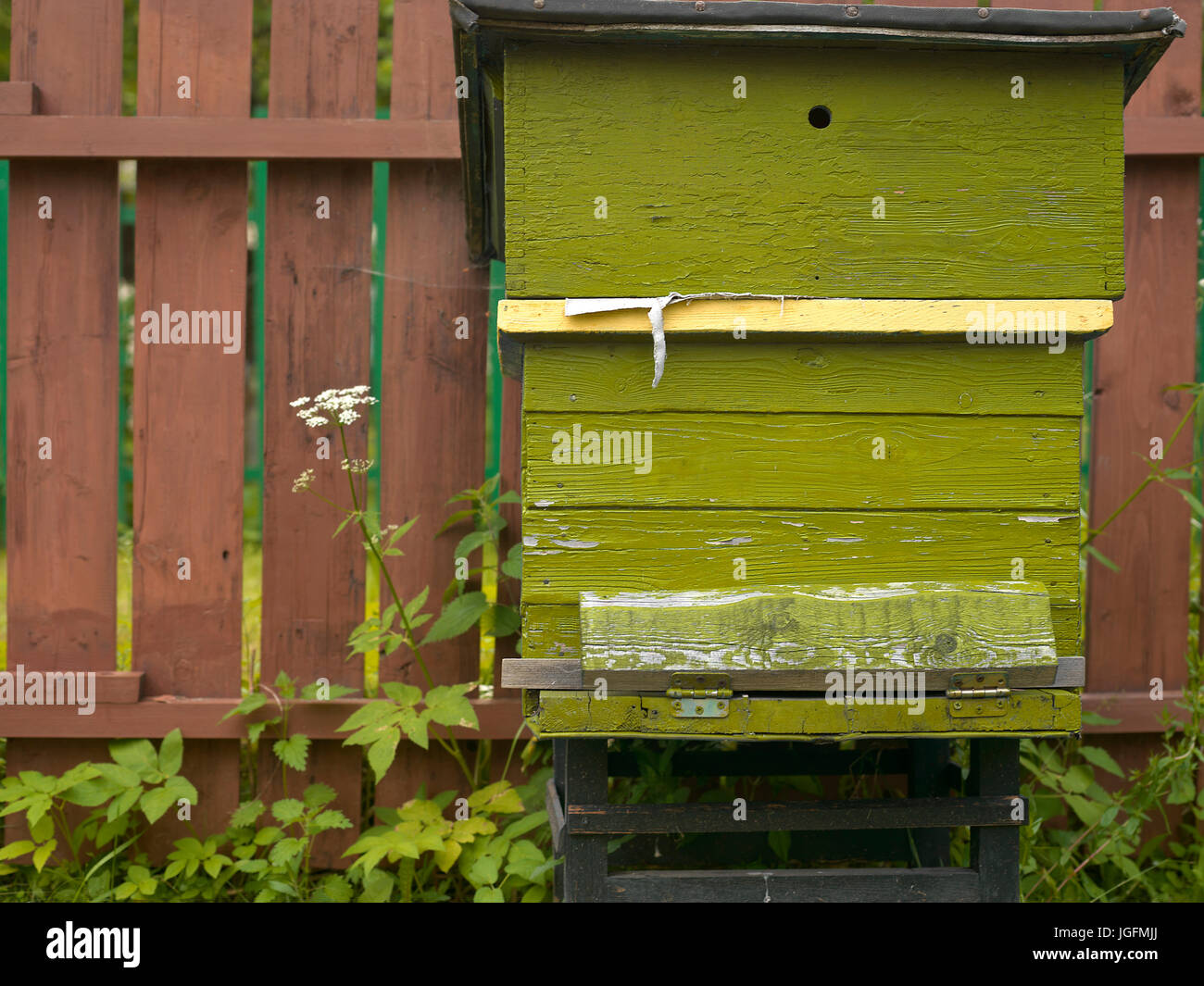 Beehive seems abandoned standing next to the wooden fence in a backyard ...