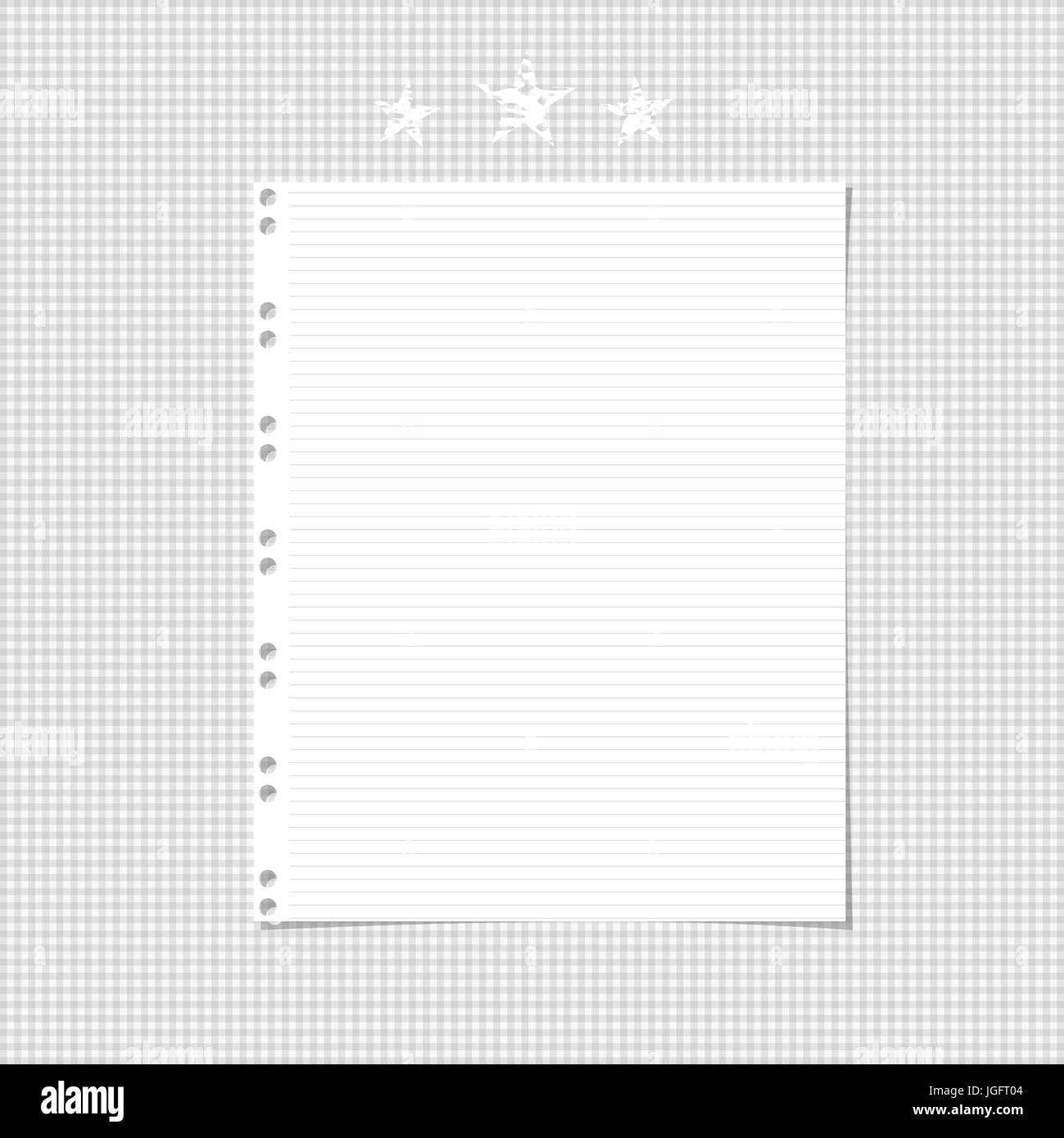 White ruled, striped notebook, copybook paper sheet and stars on gray ...