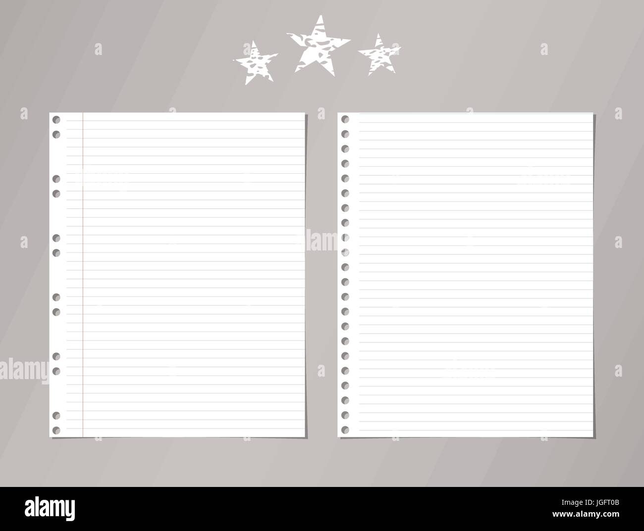 White ruled, striped notebook, copybook paper sheets and stars on gray ...