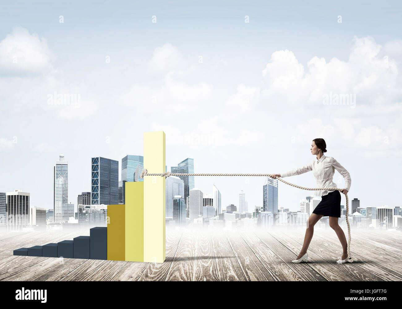 Businesswoman pulling arrow with rope and making it raise up Stock ...