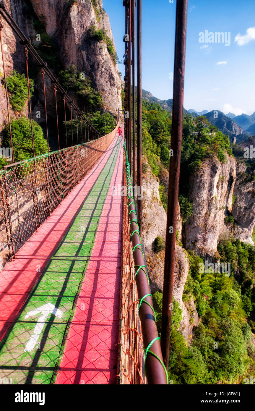 The suspension bridge at Fangdong Scenic Area in Yandangshan mountains ...