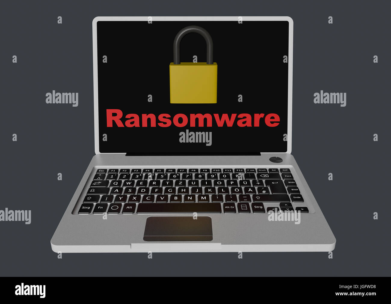 Ransomware text With padlock on laptop screen, 3d Rendered Computer ...