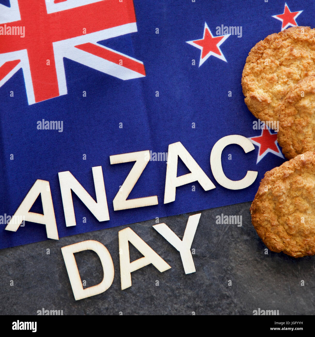 Anzac Day with New Zealand flag and biscuits Stock Photo - Alamy