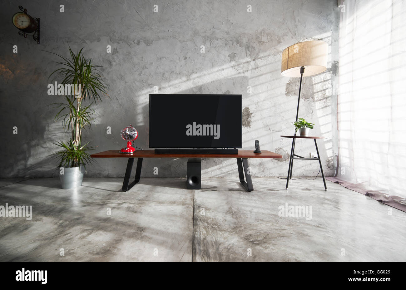 Modern living-room interior with TV in a loft style with wooden TV deck ...
