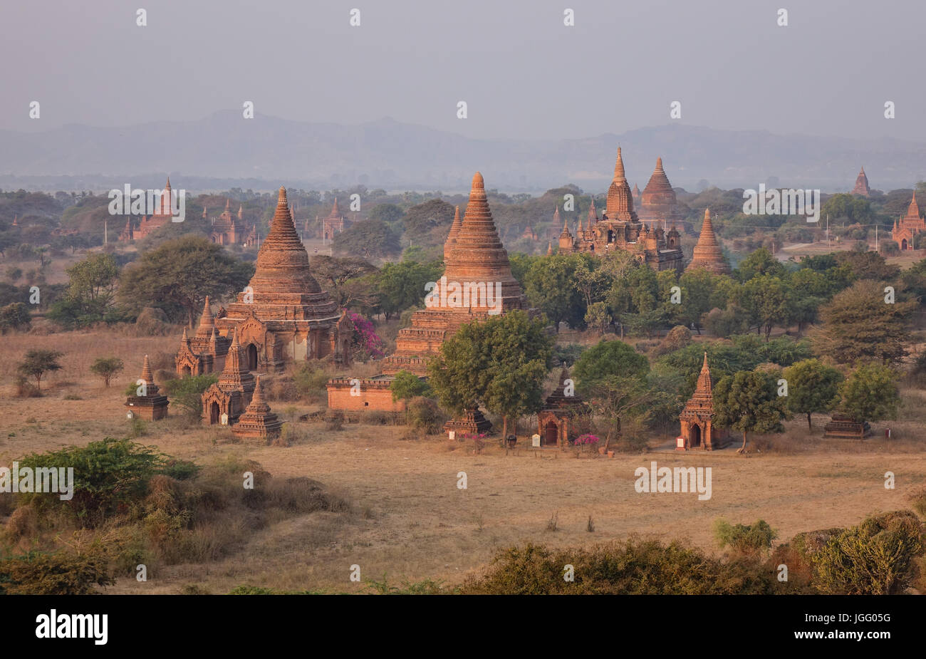 Aerial view of Buddhist temples at sunrise in Bagan, Myanmar. Bagan is ...