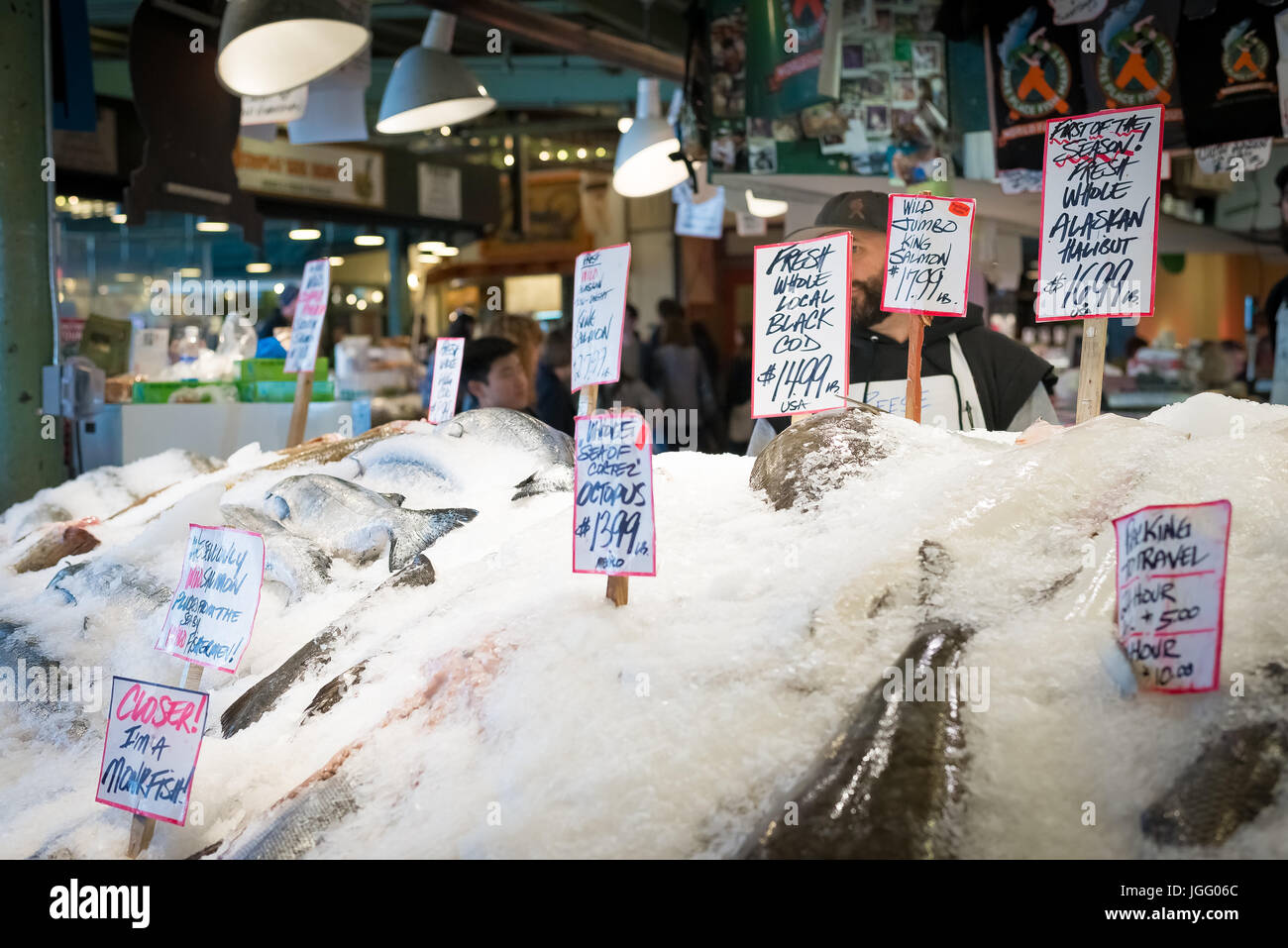 Famous fake monkfish prank at Pike Place Fish Market Stock Photo - Alamy