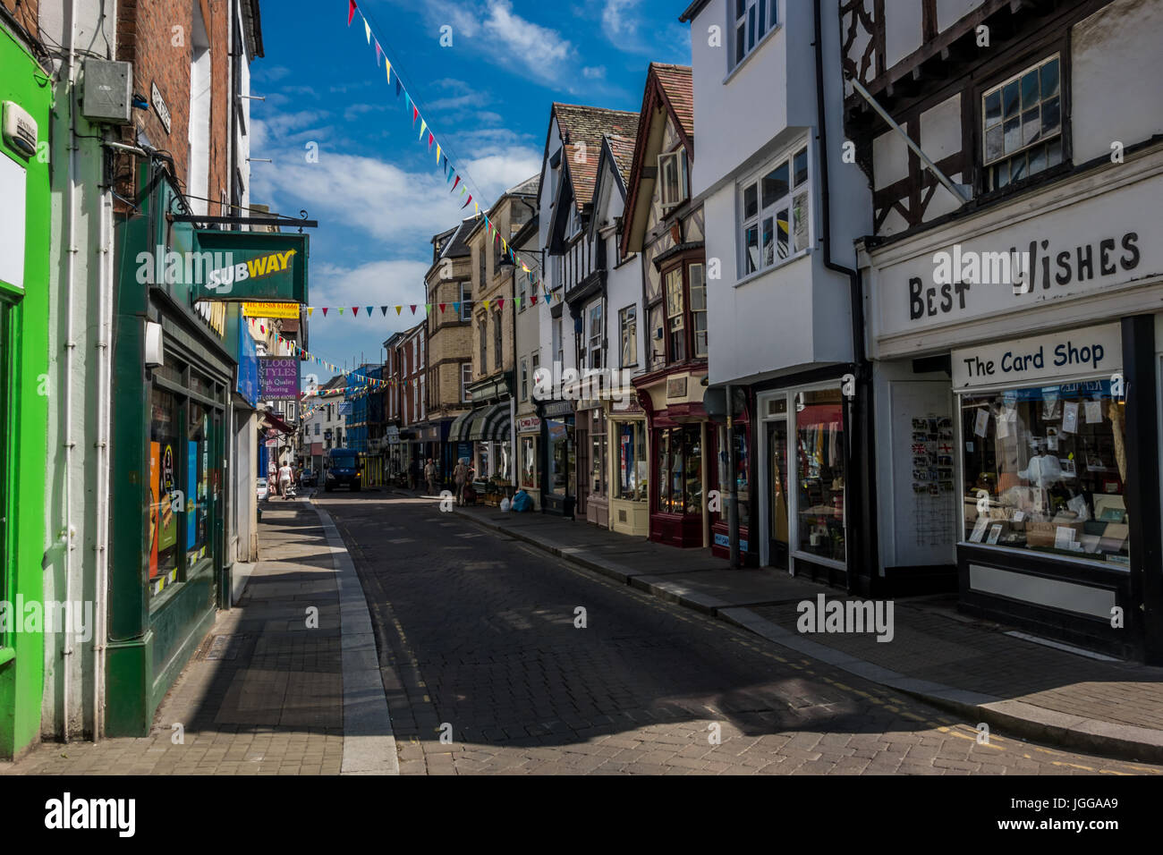 LEOMINSTER, UNITED KINGDOM - JULY 7: The High Street on a sunny day in ...