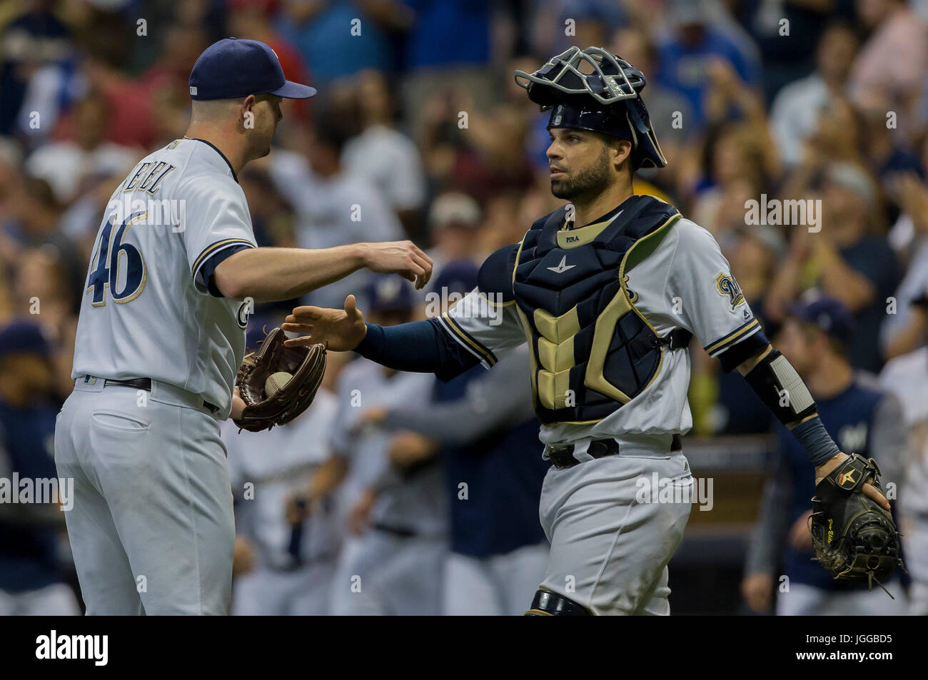 July 05, 2017: Milwaukee Brewers catcher Manny Pina #9 congratulates ...