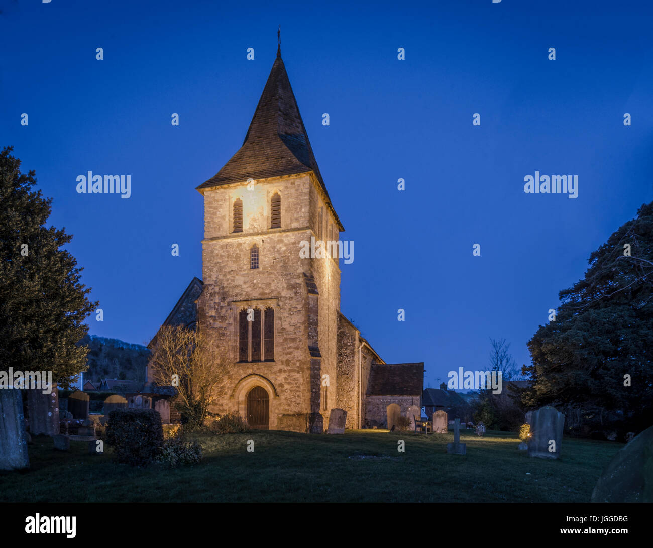 Saint Martin of Tours Church at night, in the village of Detling, Kent ...