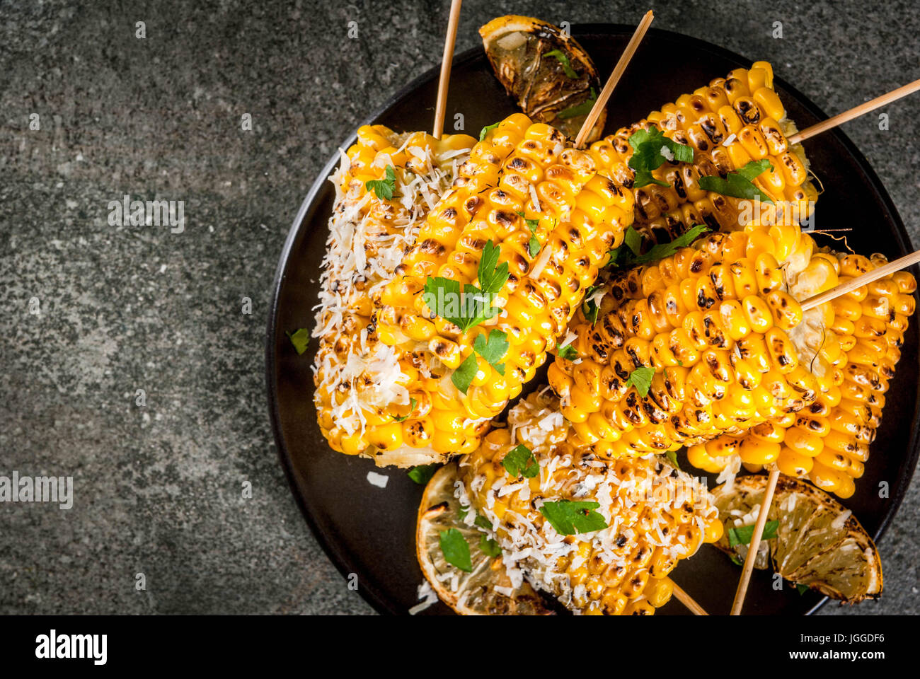 Summer food. Ideas for barbecue and grill parties. Grilled corn grilled ...