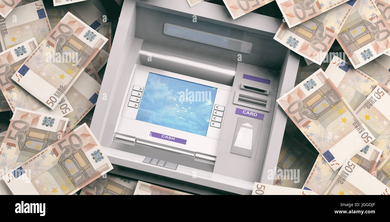 Euro banknotes and ATM machine close up. 3d illustration Stock Photo ...