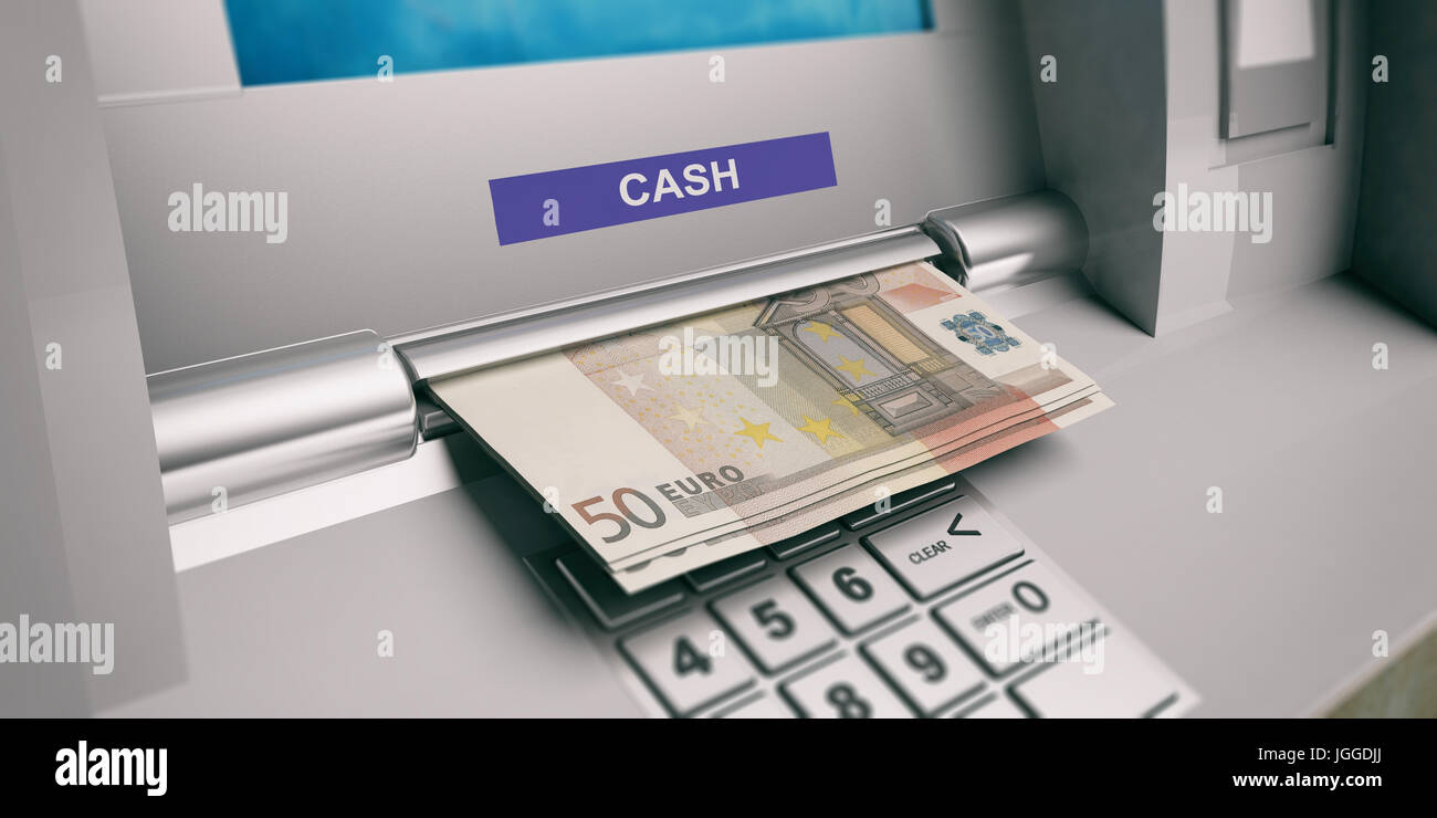 Euros and ATM machine close up. 3d illustration Stock Photo - Alamy