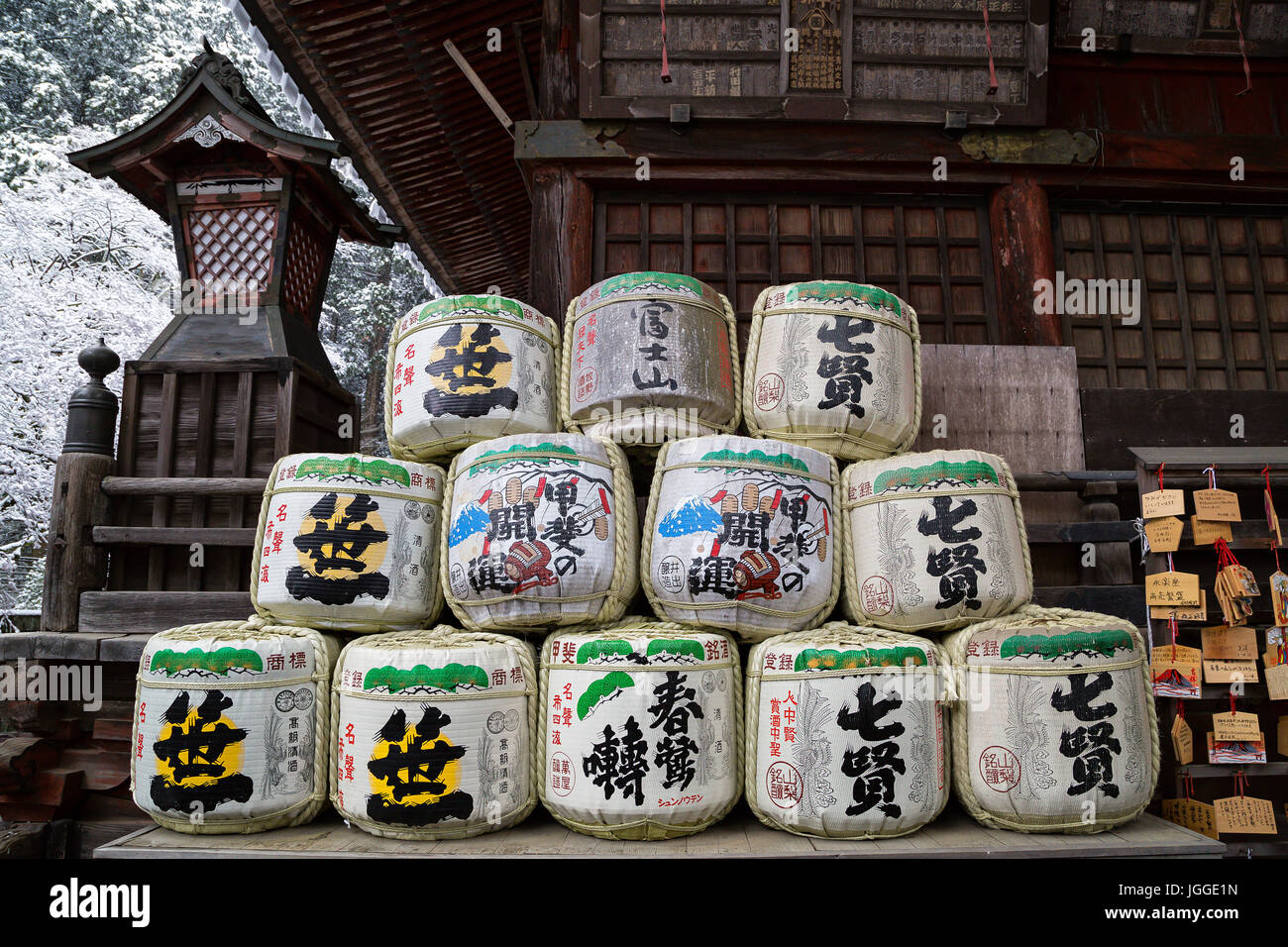 Sake barrels at fujiyoshida sengen shrine hi-res stock photography and ...