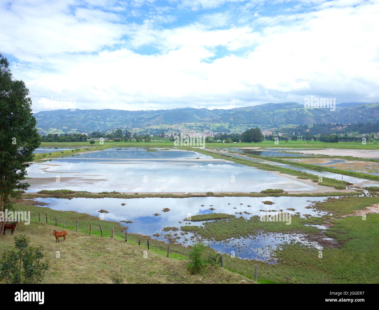The small town of Paipa looking over the swamp land in Boyaca, Colombia ...