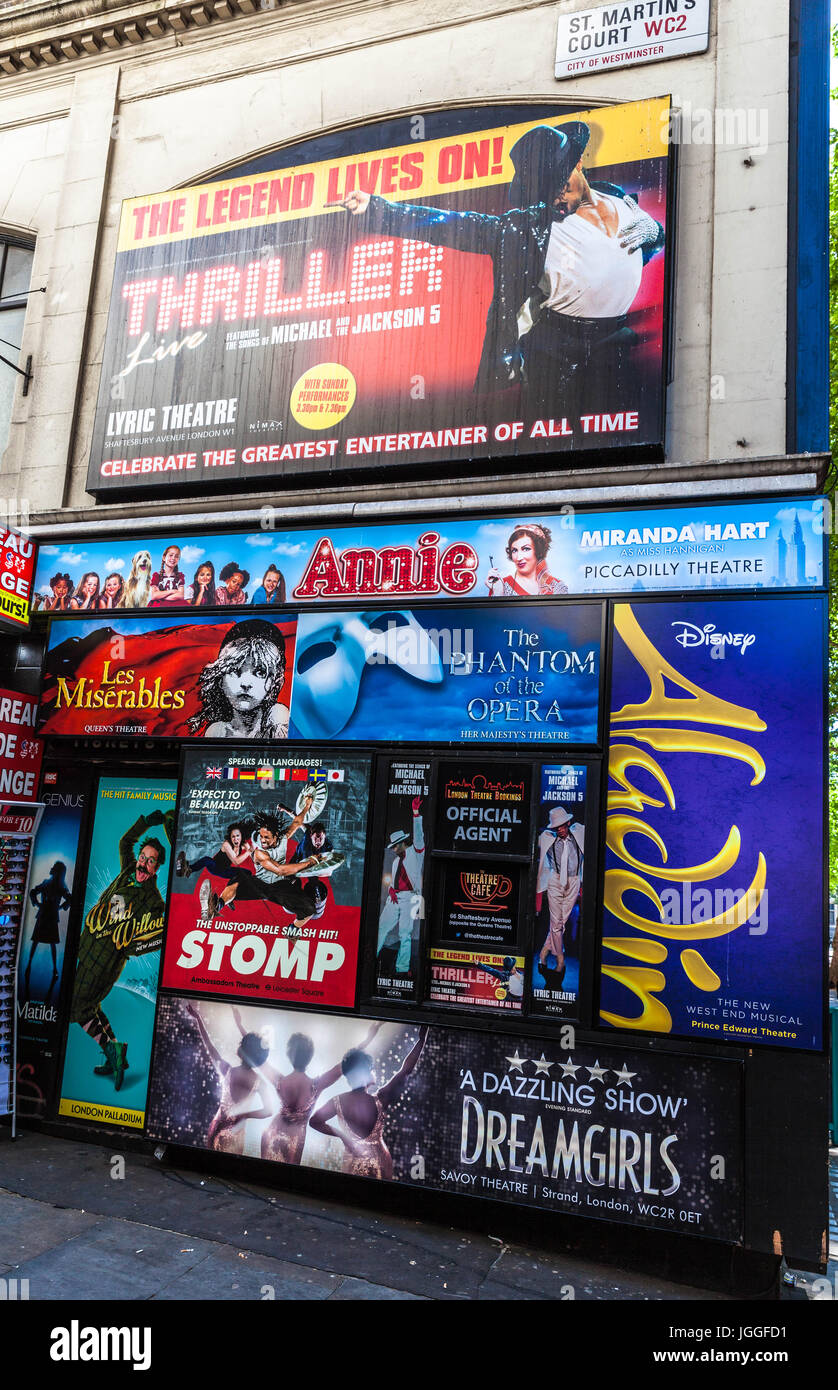 West End musical posters on St. Martin's Court, London, WC2, England ...