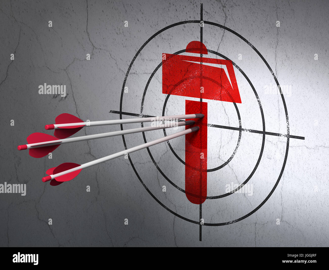 Construction concept: arrows in Hammer target on wall background Stock ...