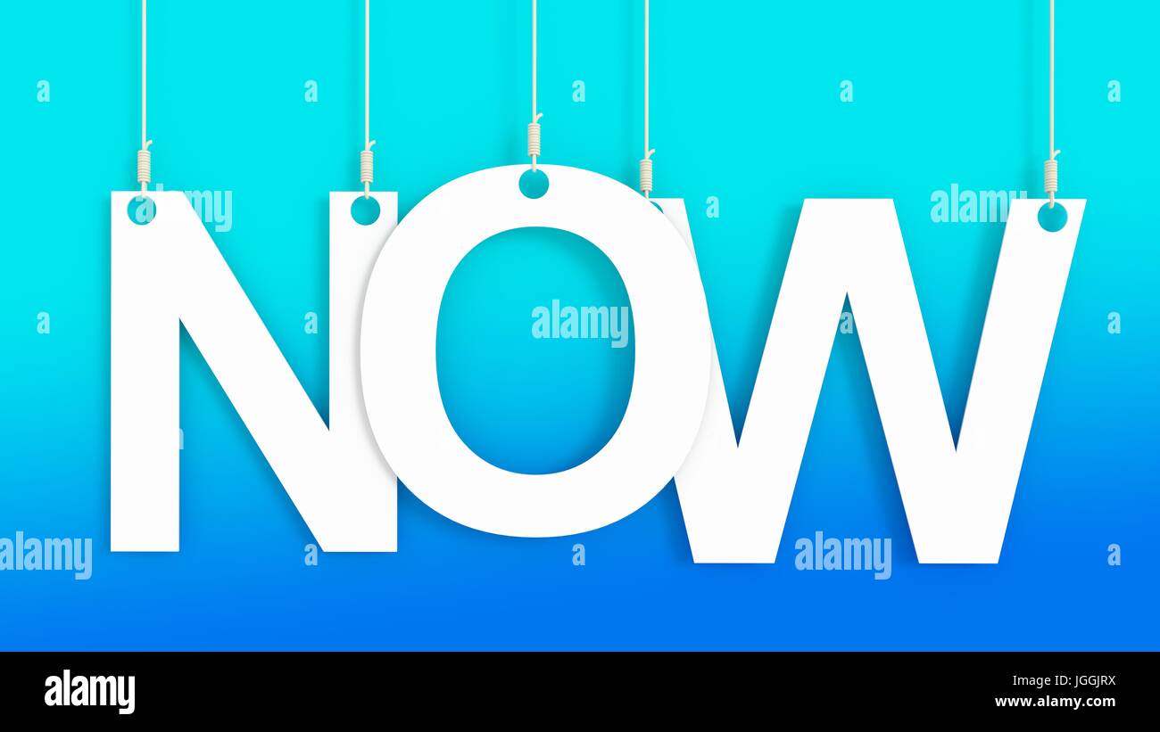 Now hanging letters over blue background Stock Photo - Alamy