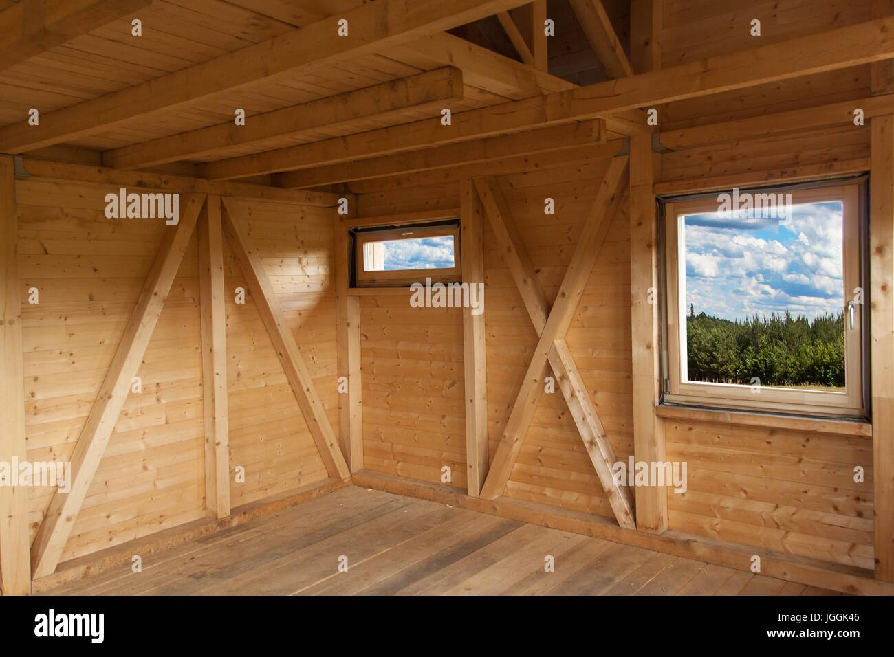 Empty building site of an ecological house. Detail of the timber ...