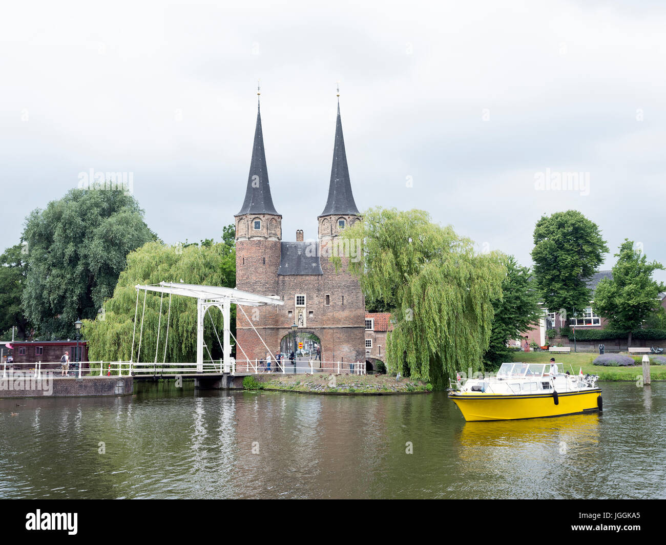 delft, netherlands, 30 june 2017: yellow boat waits for bridge to open ...