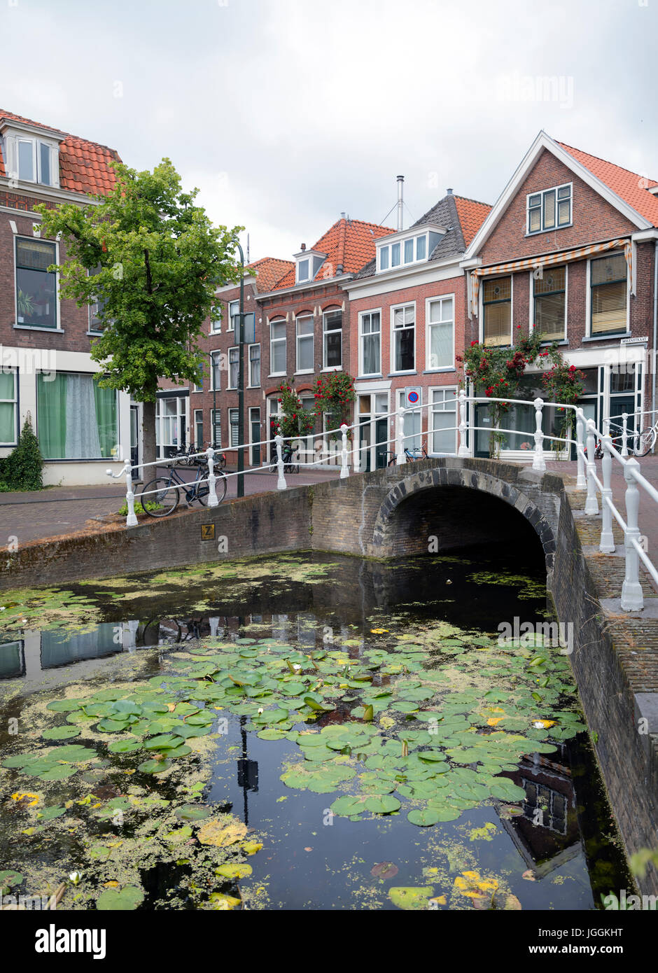 delft, netherlands, 30 june 2017: bridge and houses along canal full of ...